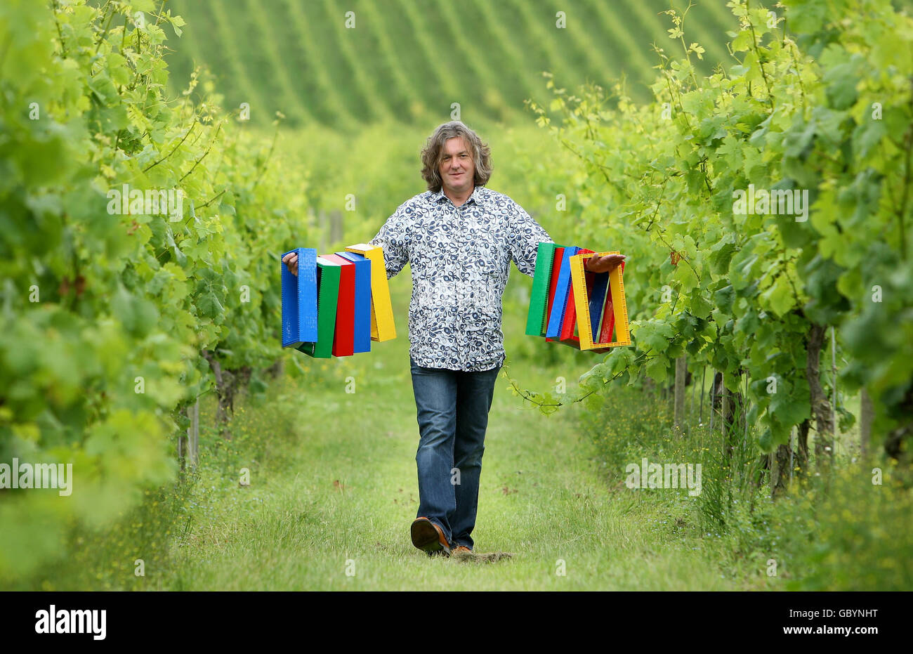 James May carries lego bricks through a vineyard at the Denbies Wine ...