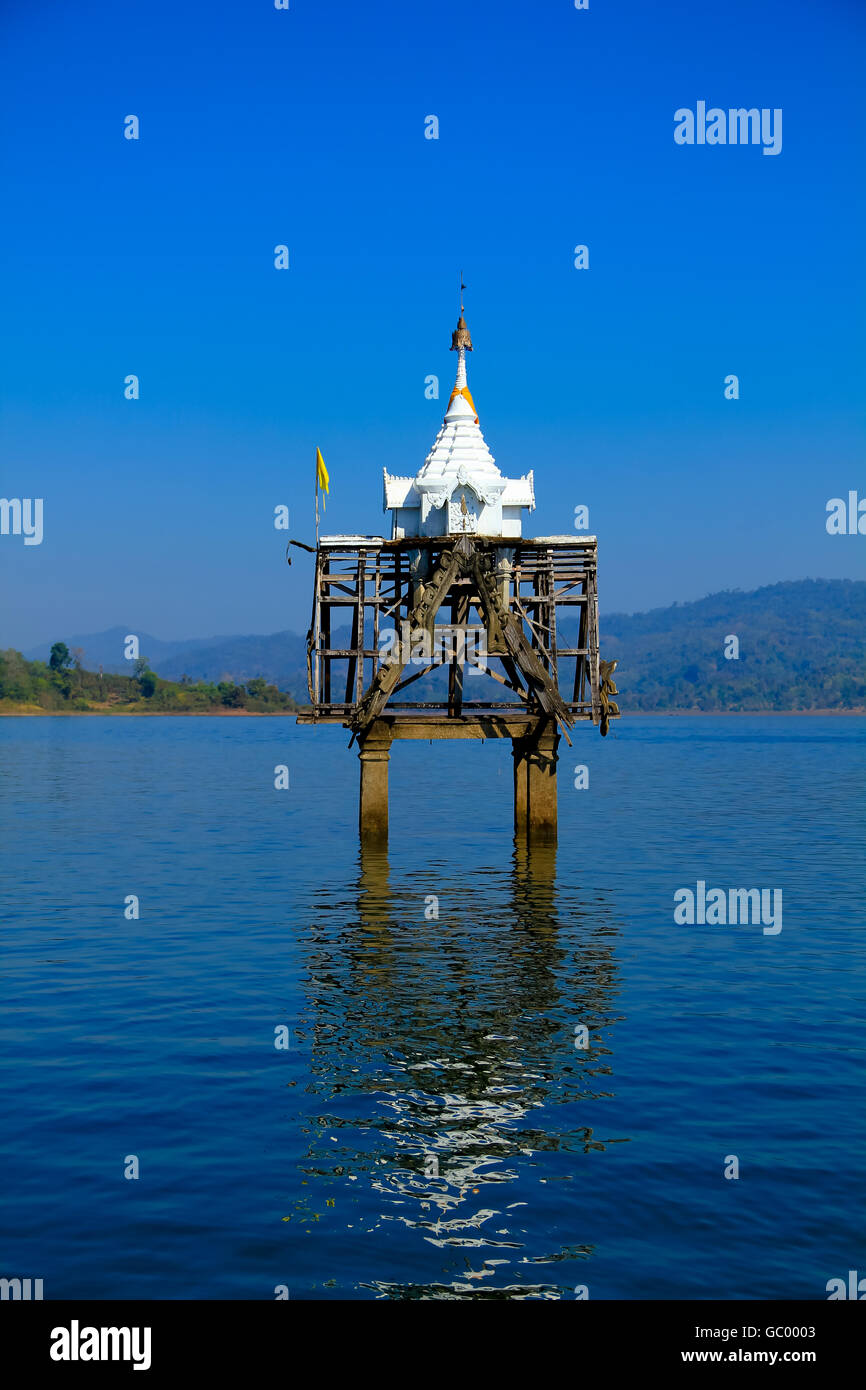 The sunken temple,Sinking temple, a famous landmark in Sangkhlaburi ...