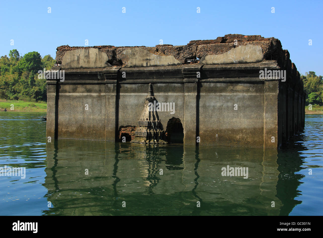 The sunken temple,Sinking temple, a famous landmark in Sangkhlaburi ...