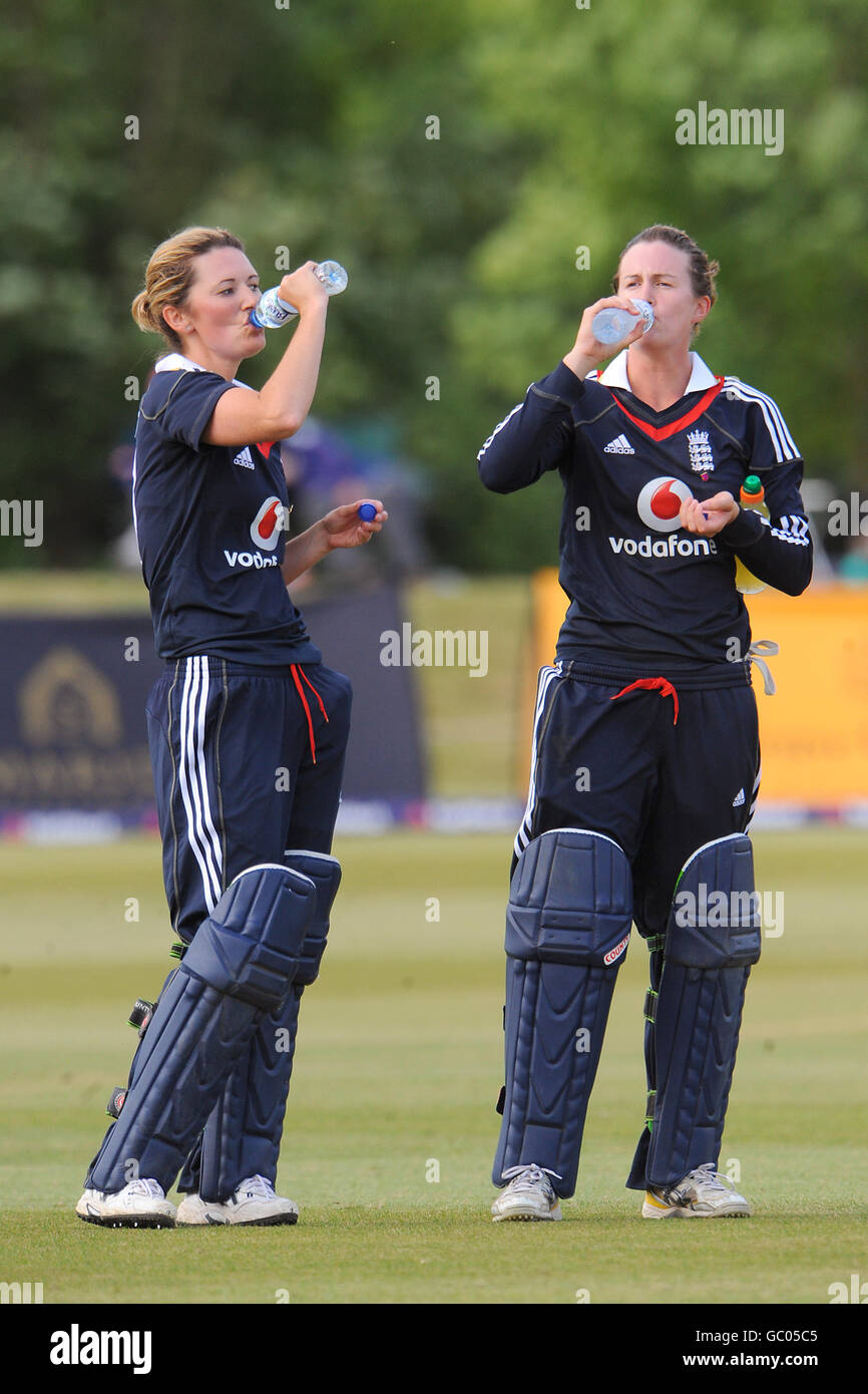 England's Charlotte Edwards (left) and Lydia Greenway (right) take a ...