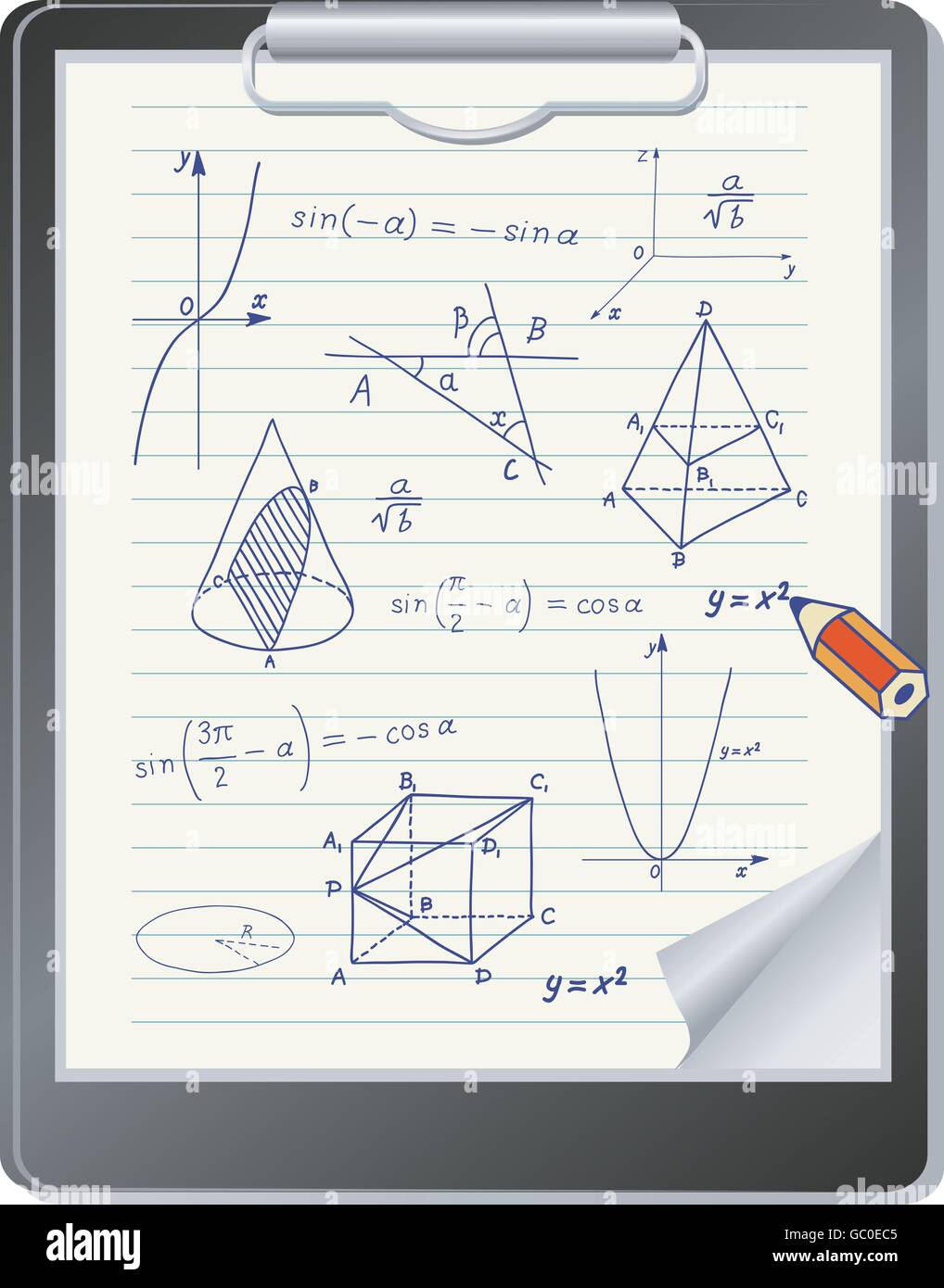 Clipboard with mathematics geometric shapes and expressions sketches ...