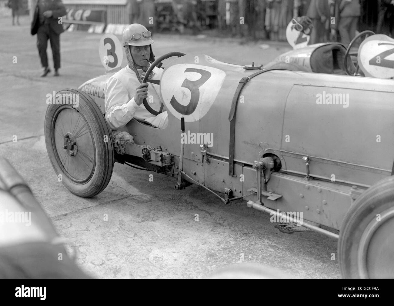 Mark Pepys, the Earl of Cottenham, driver of car 3, at Brooklands ...