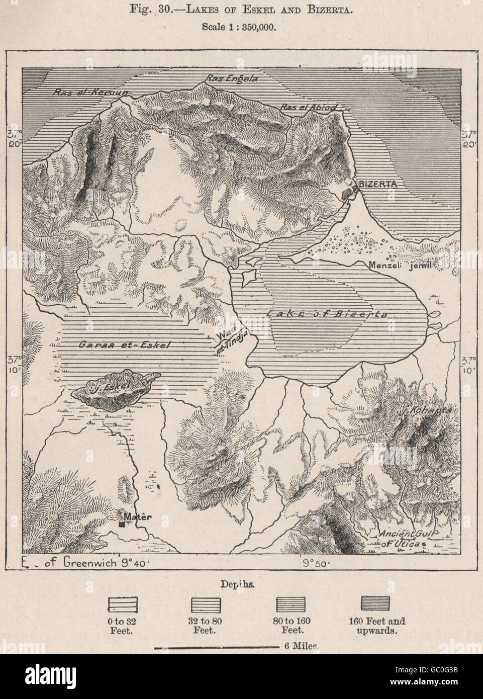 Lakes of Eskel and Bizerta (Bizerte) . Tunisia, 1885 antique map Stock ...
