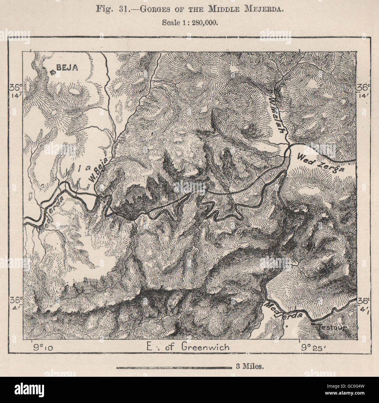Gorges of the middle Medjerda. Tunisia, 1885 antique map Stock Photo ...