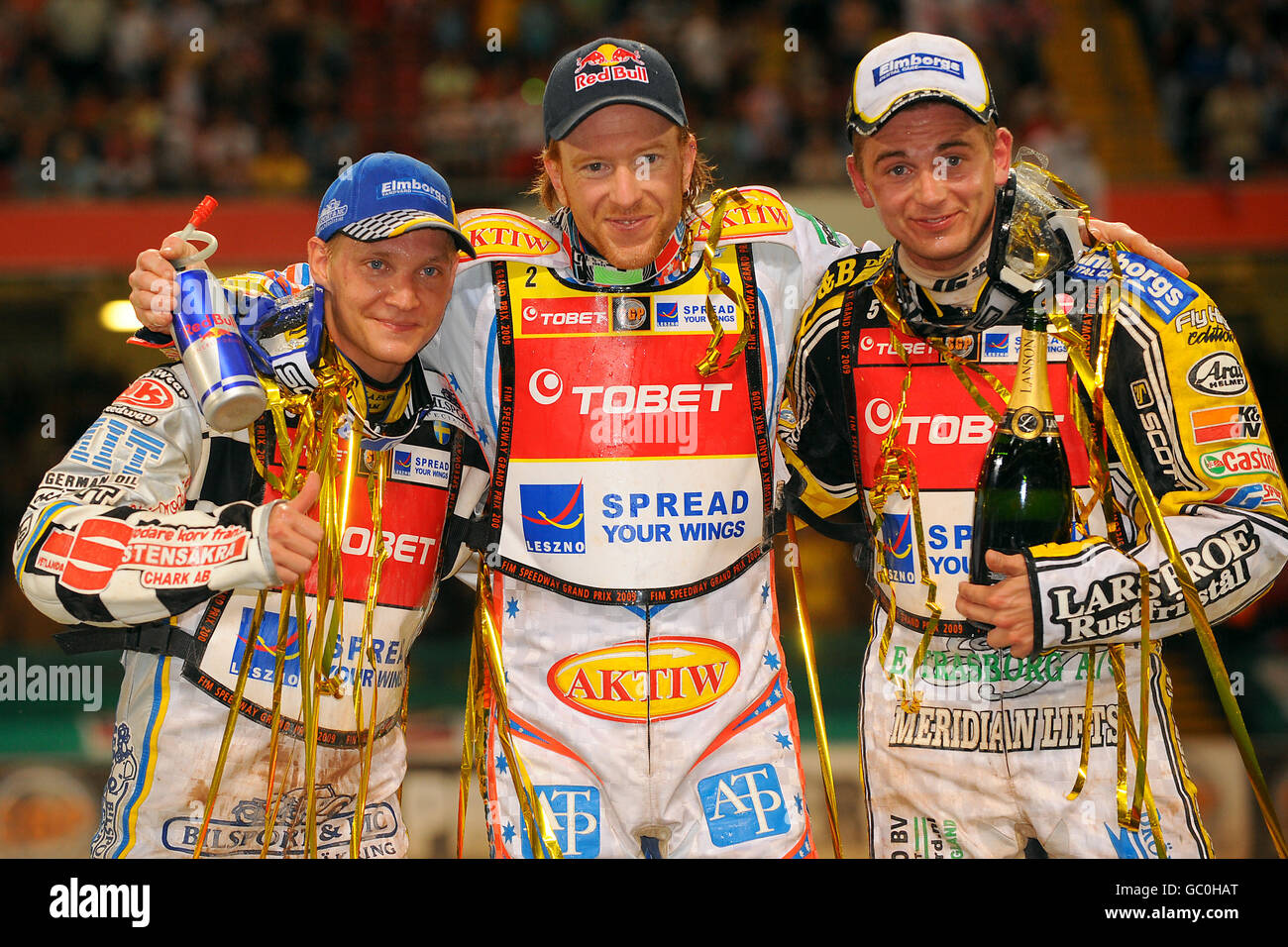 Australia's Jason Crump (centre) celebrates victory ahead of Sweden's ...