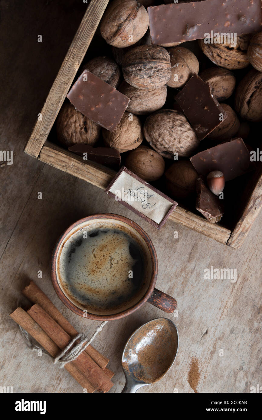 good morning text, breakfast - chocolate nuts and coffee Stock Photo ...