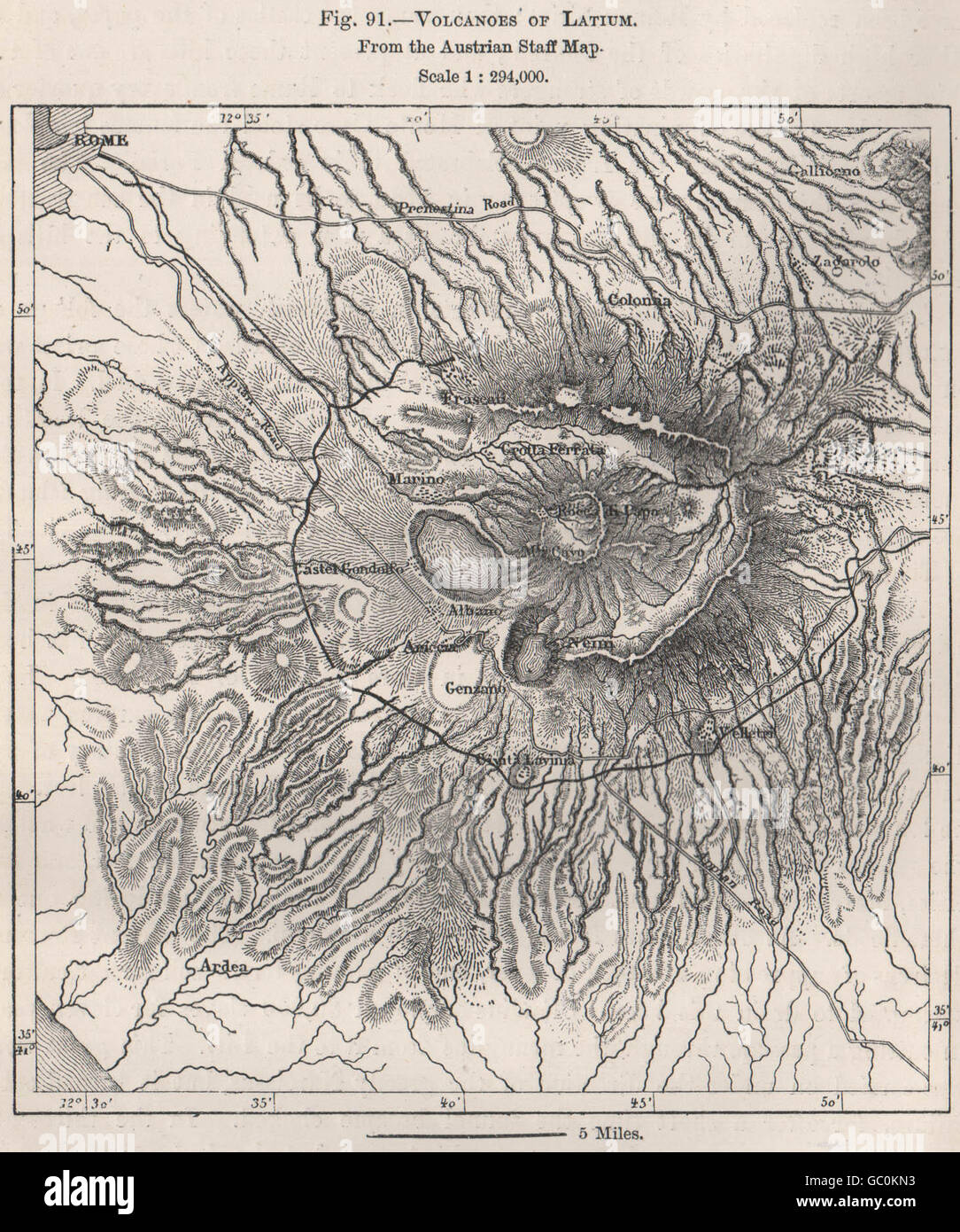 Volcanoes of Lazio. from the Austrian Staff map. Italy, 1885 Stock ...
