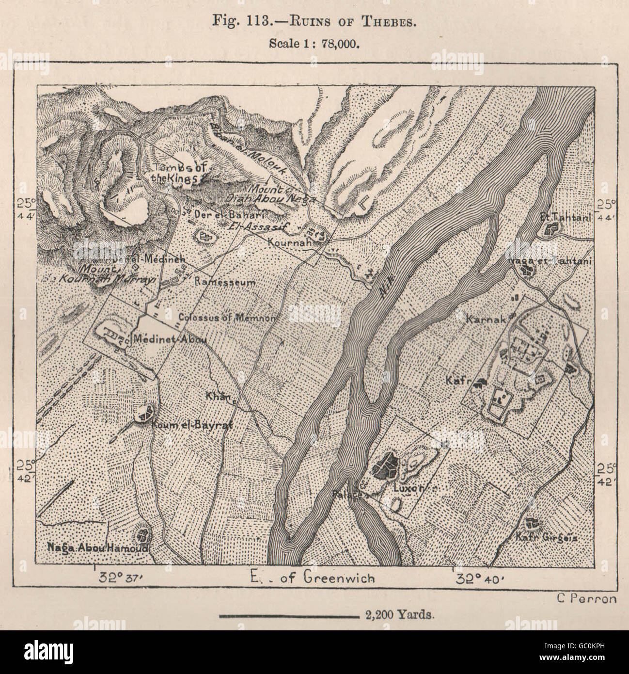 Ruins of Thebes. Egypt, 1885 antique map Stock Photo - Alamy
