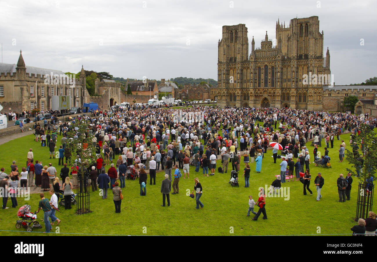 Mourners pack into the Cathedral Green in Wells, Somerset, for the ...
