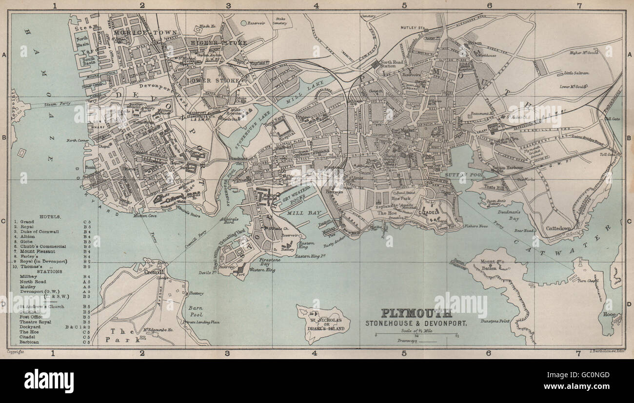 PLYMOUTH, STONEHOUSE & DEVONPORT town/city plan. Devon. BARTHOLOMEW ...