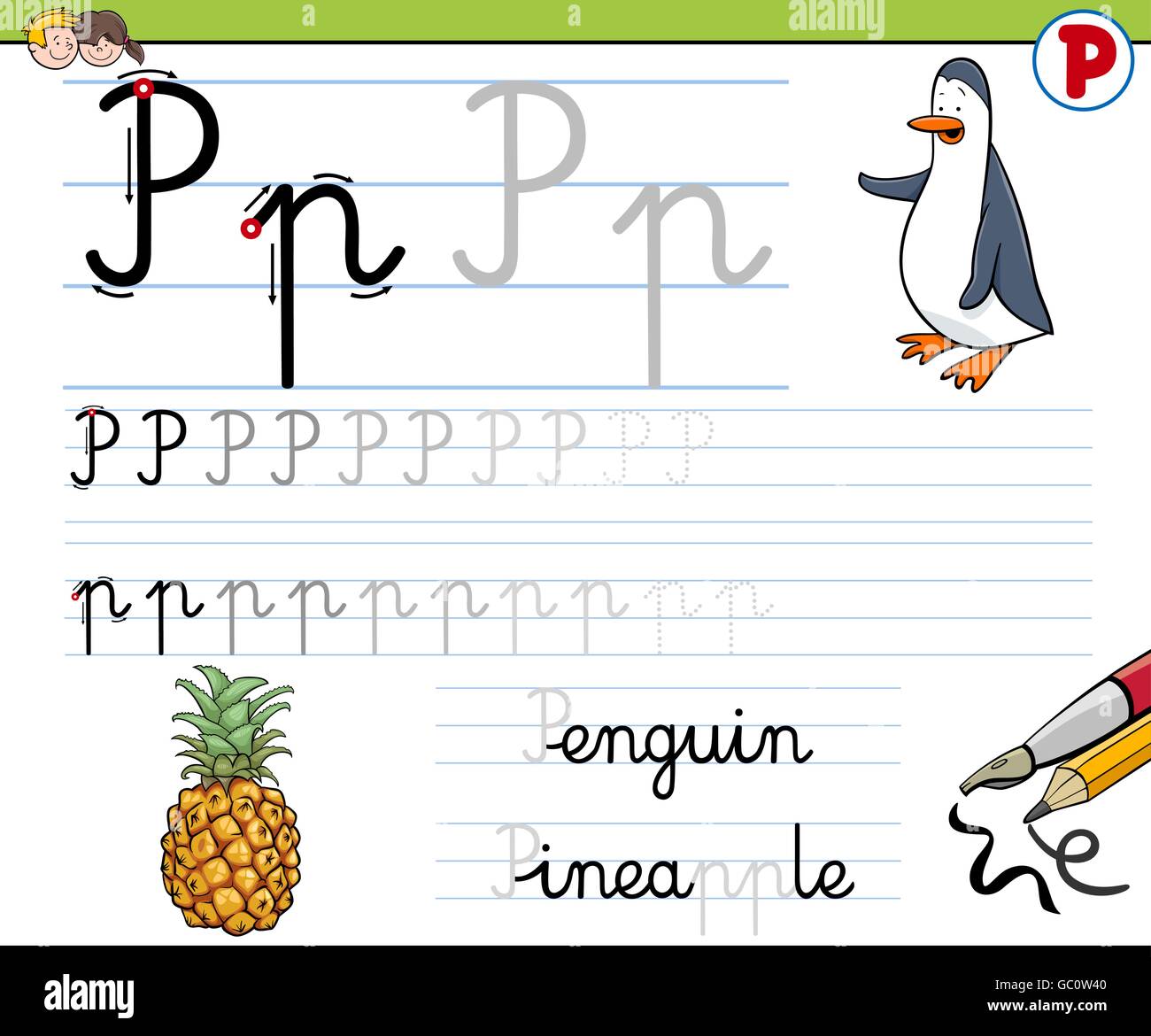 Cartoon Illustration of Writing Skills Practice with Letter P Worksheet ...