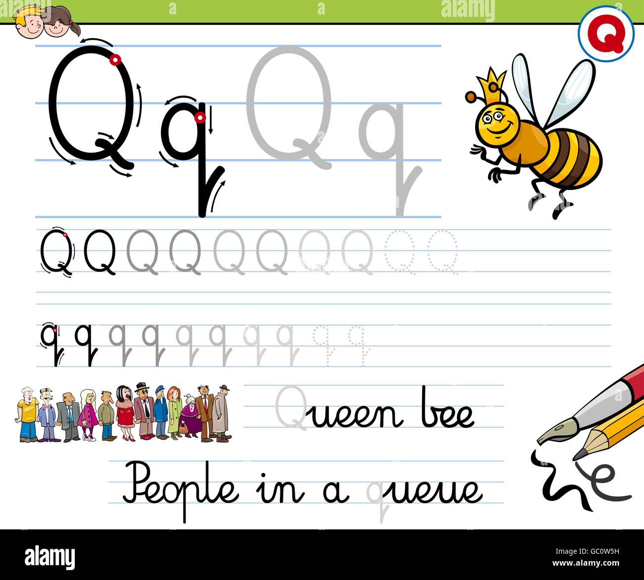 Cartoon Illustration of Writing Skills Practice with Letter Q Worksheet ...