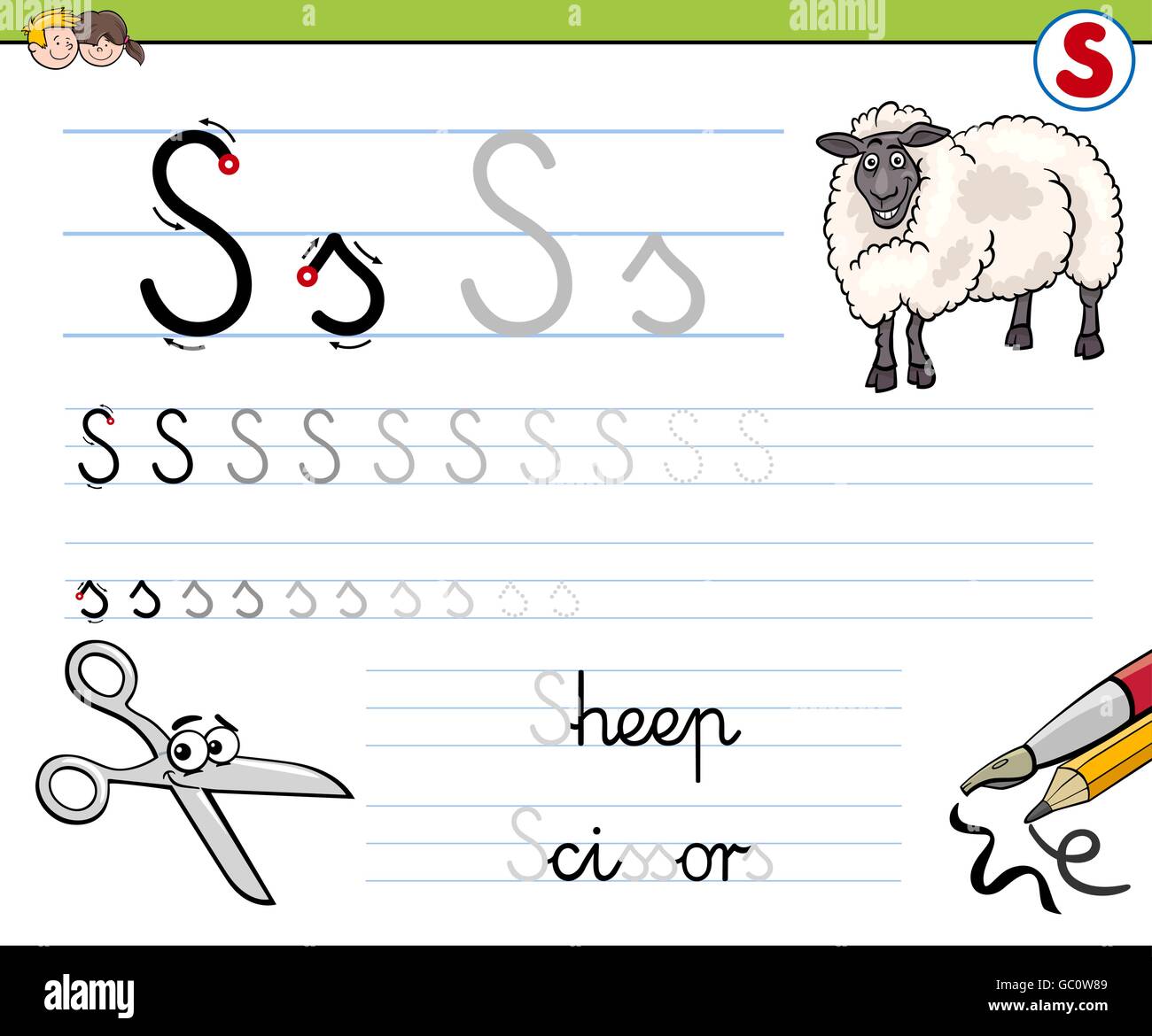 Cartoon Illustration of Writing Skills Practice with Letter S Worksheet ...