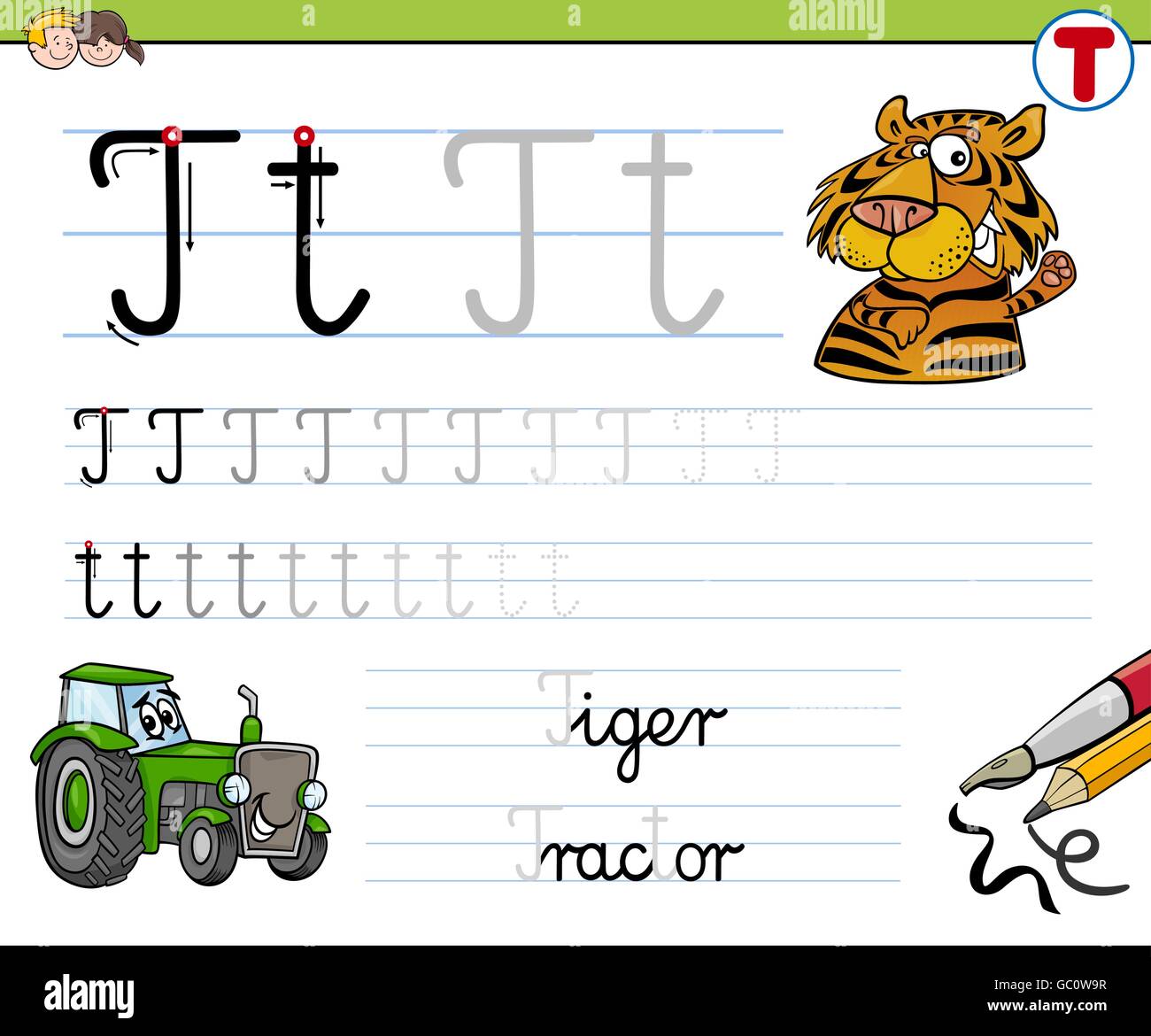 Cartoon Illustration of Writing Skills Practice with Letter T Worksheet ...