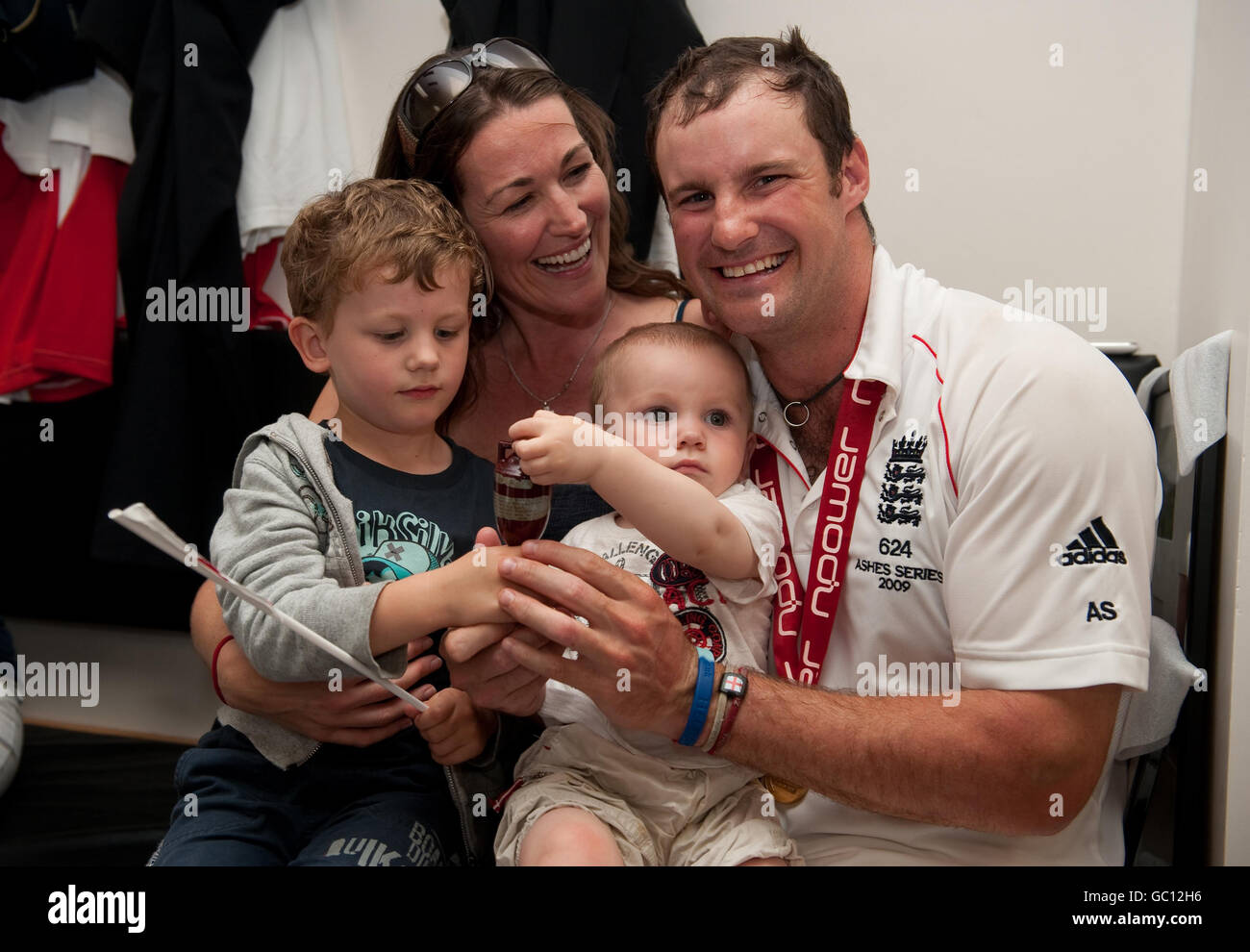 England's Andrew Strauss with his wife Ruth and sons Samuel and Luca ...