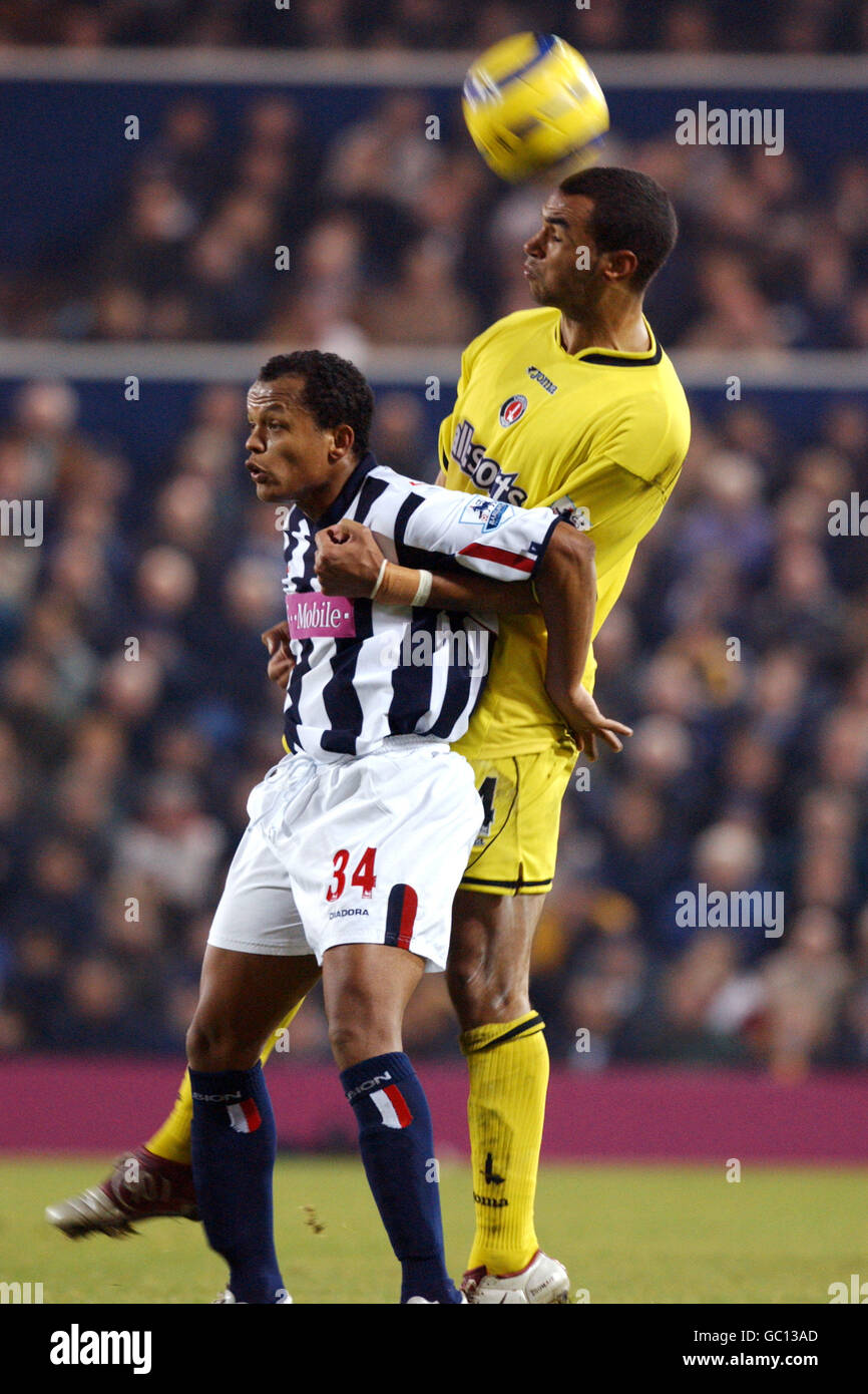 West Bromwich Albion's Robert Earnshaw (l) is outjumped by Charlton ...