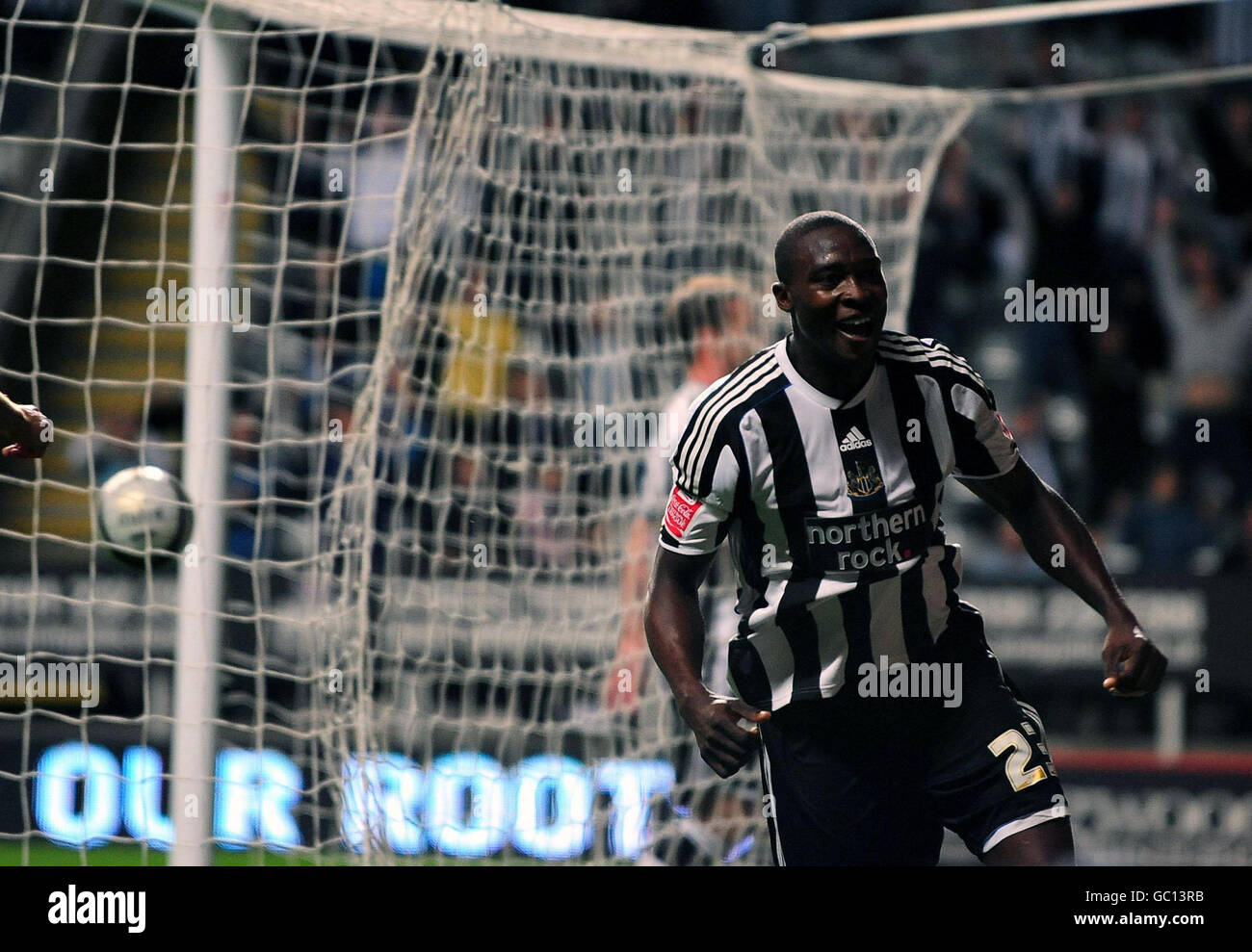 Newcastle's Shola Ameobi celebrates Kevin Nolan's goal after he set him ...