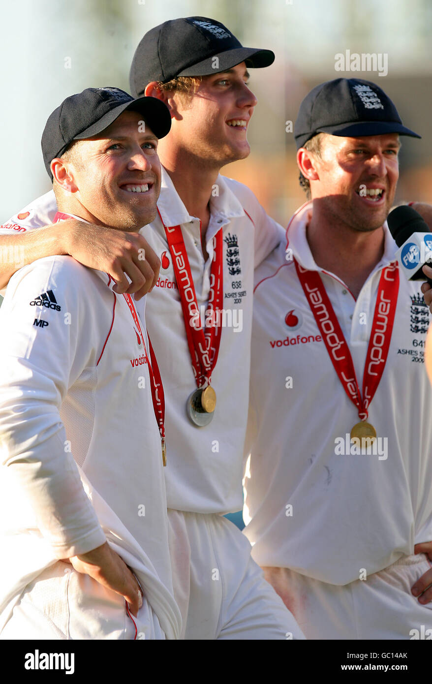 (left-right) England's Matt Prior, Stuart Broad and Graeme Swann are ...