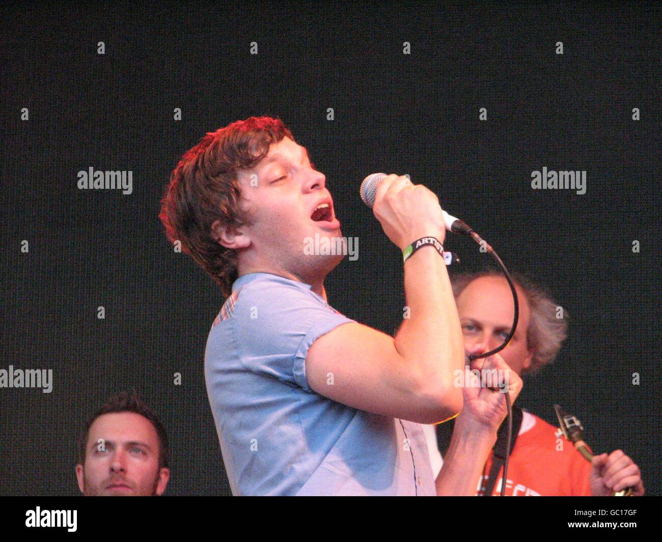 Vocalist Ed Macfarlane of Friendly Fires performing on stage during the ...