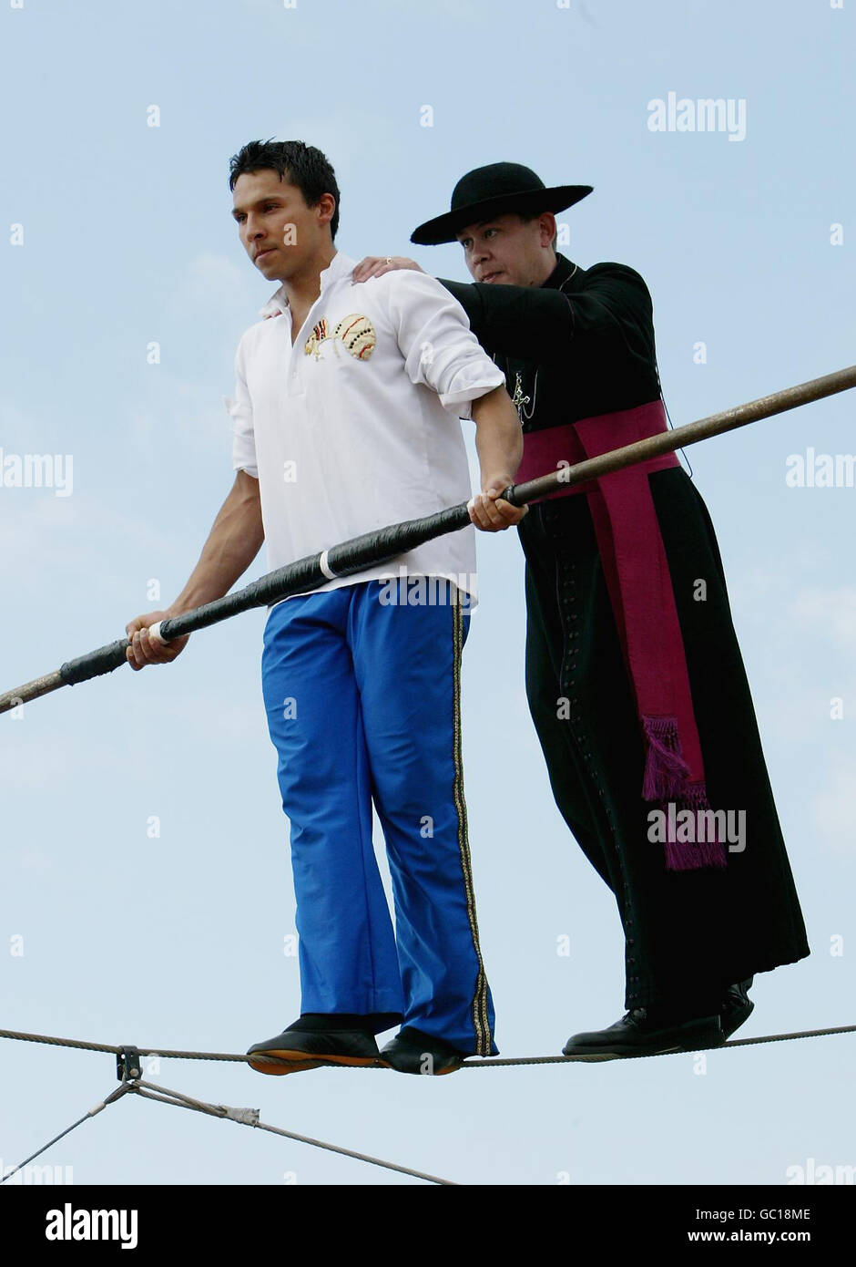 Chico Marinhos (left), a high wire walker at Zippos Circus currently in ...