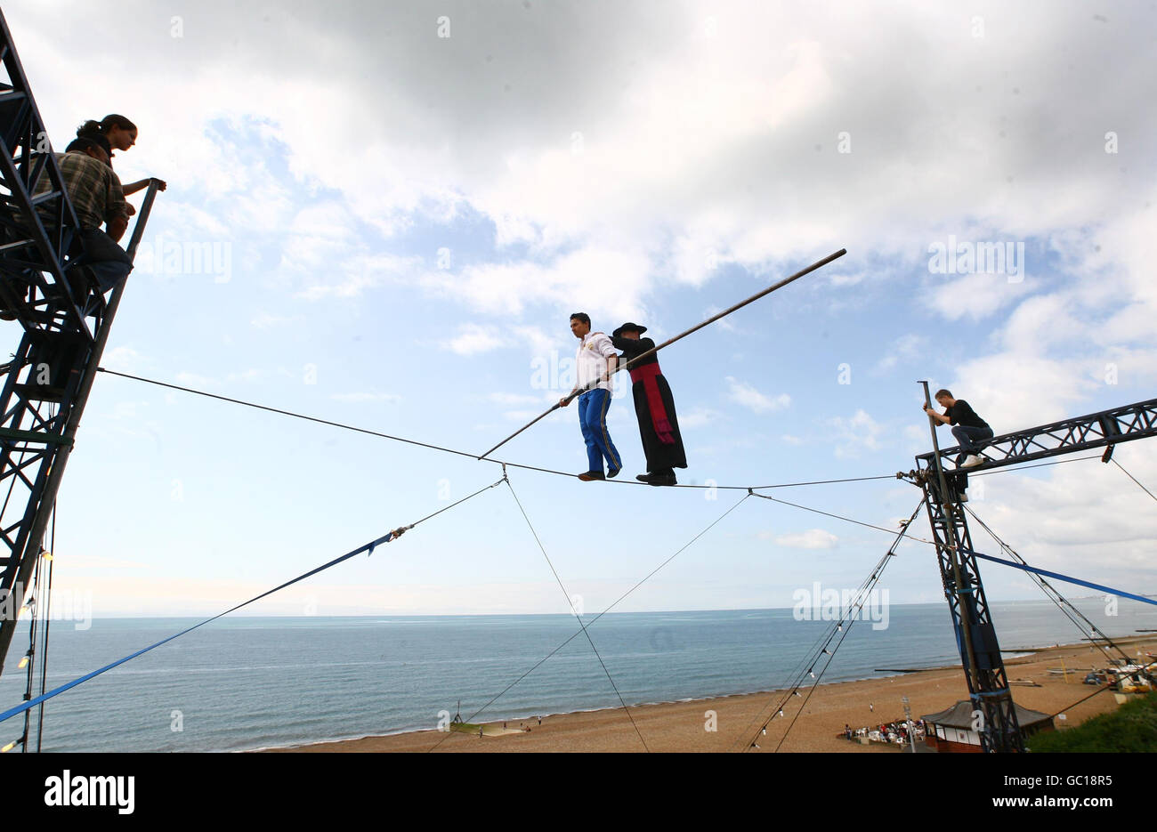 Chico Marinhos (left), a high wire walker at Zippos Circus currently in ...