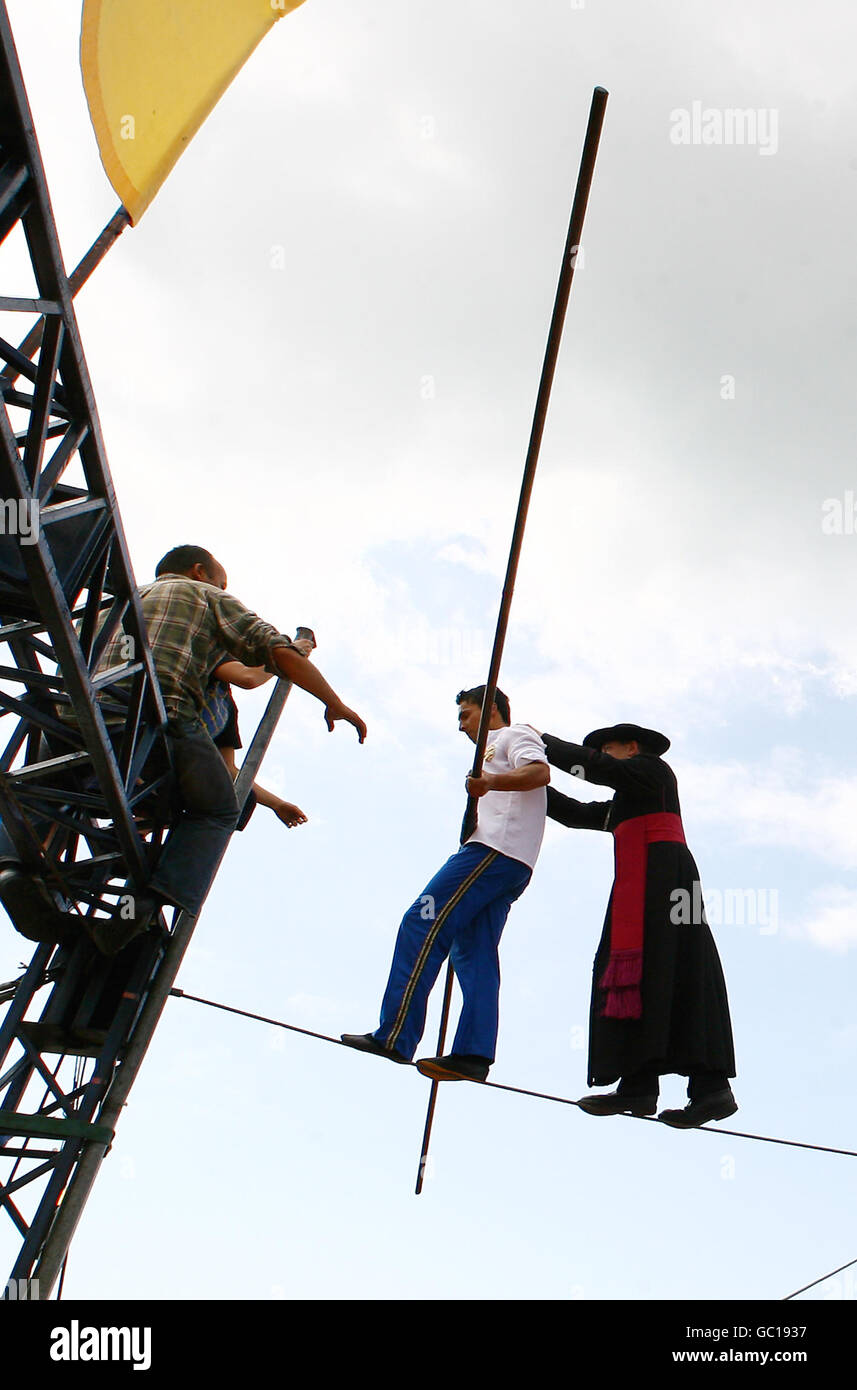 Chico Marinhos (centre), a high wire walker at Zippos Circus currently ...