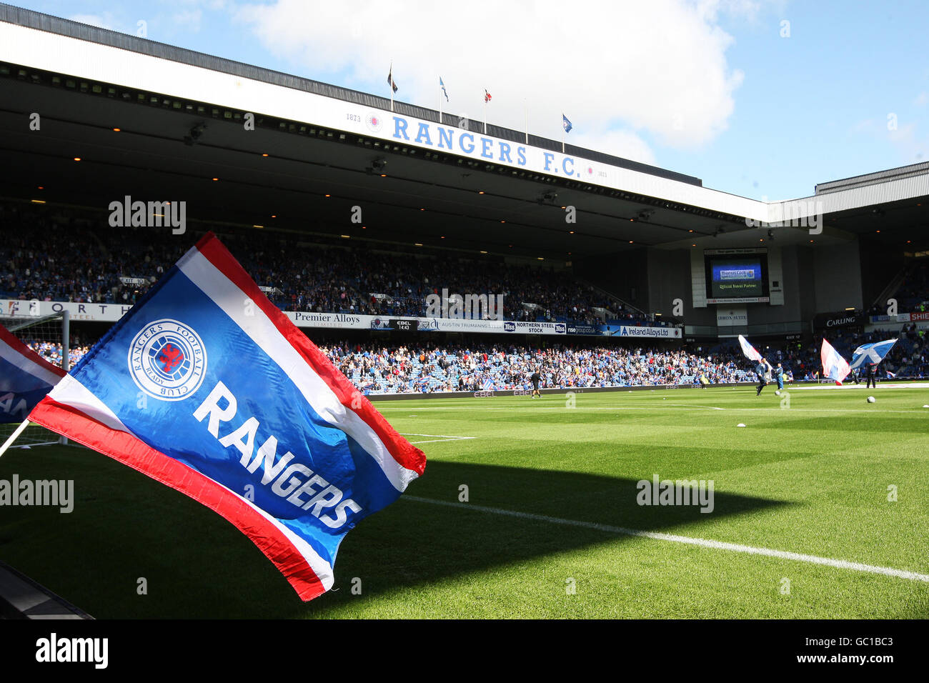 General view of inside Ibrox Stadium with a Rangers flag Stock Photo ...