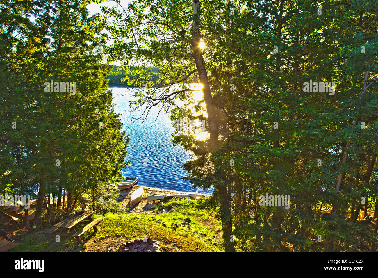 Beach and boats at Northern Ontario Cottage Country at Muskoka ...