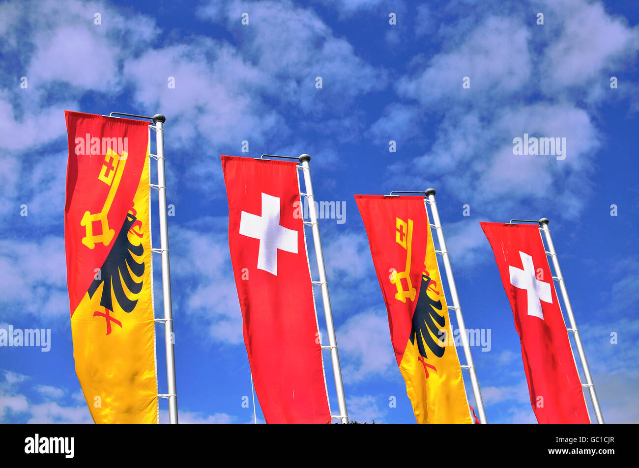Flags of Geneva city and Switzerland in the sky Stock Photo - Alamy