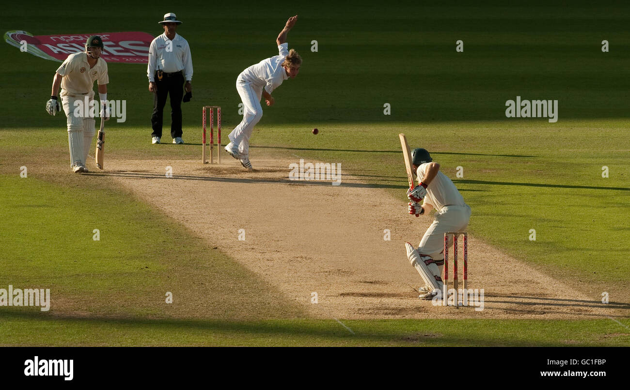 England's Stuart Broad bowls to Australia's Simon Katich during the ...