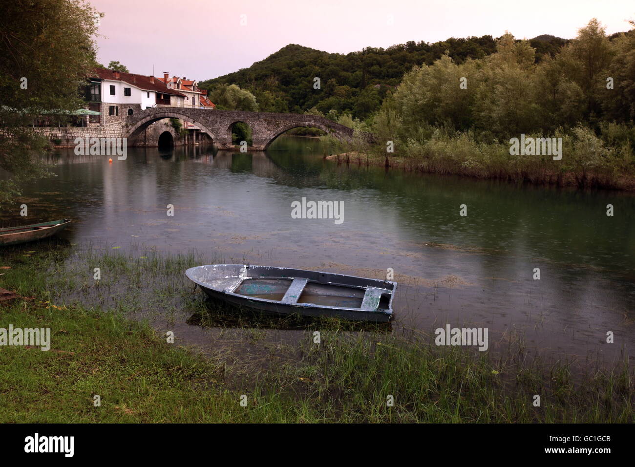 the river and Town of Rijeka Crnojevica at the west end of the Skadarsko Jezero Lake or Skadar ...