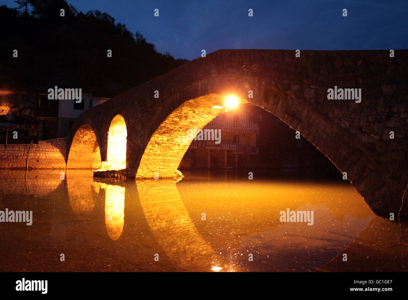 the river and Town of Rijeka Crnojevica at the west end of the Skadarsko Jezero Lake or Skadar ...