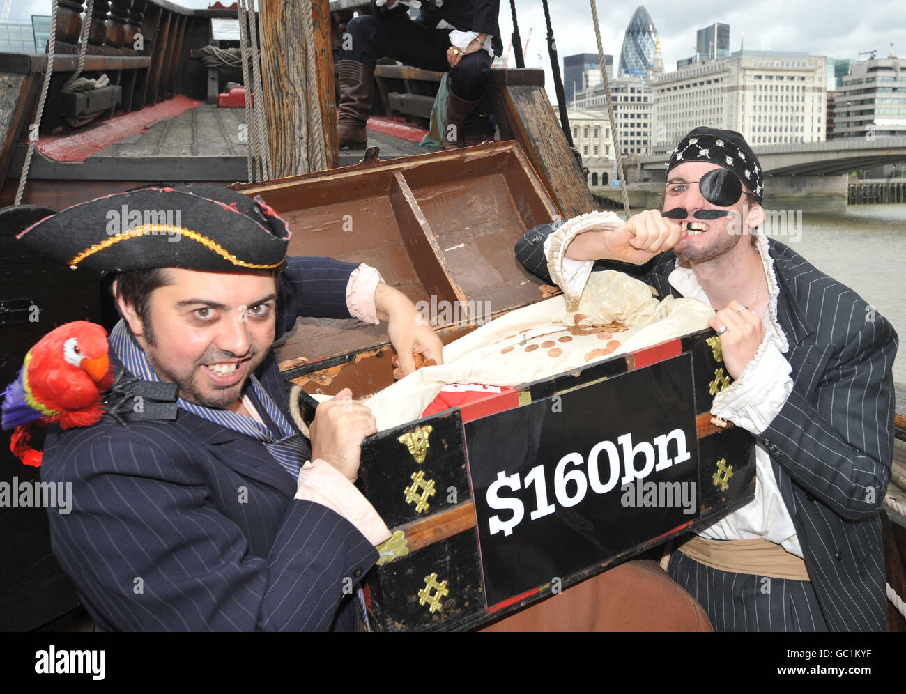 Pinstripe pirates, aboard the replica Golden Hinde, moored on the ...