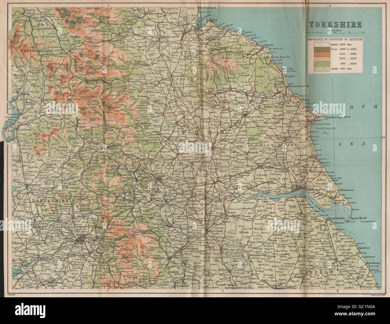 YORKSHIRE county map. Relief. Pennines. BARTHOLOMEW, 1893 Stock Photo ...
