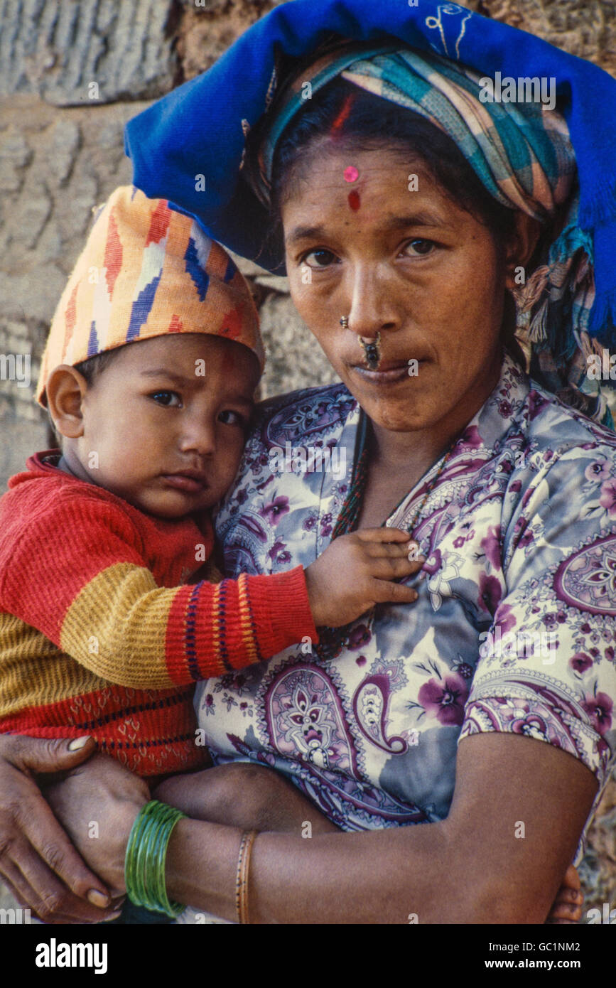 Nepal, portrait of mother and child in hats Stock Photo - Alamy
