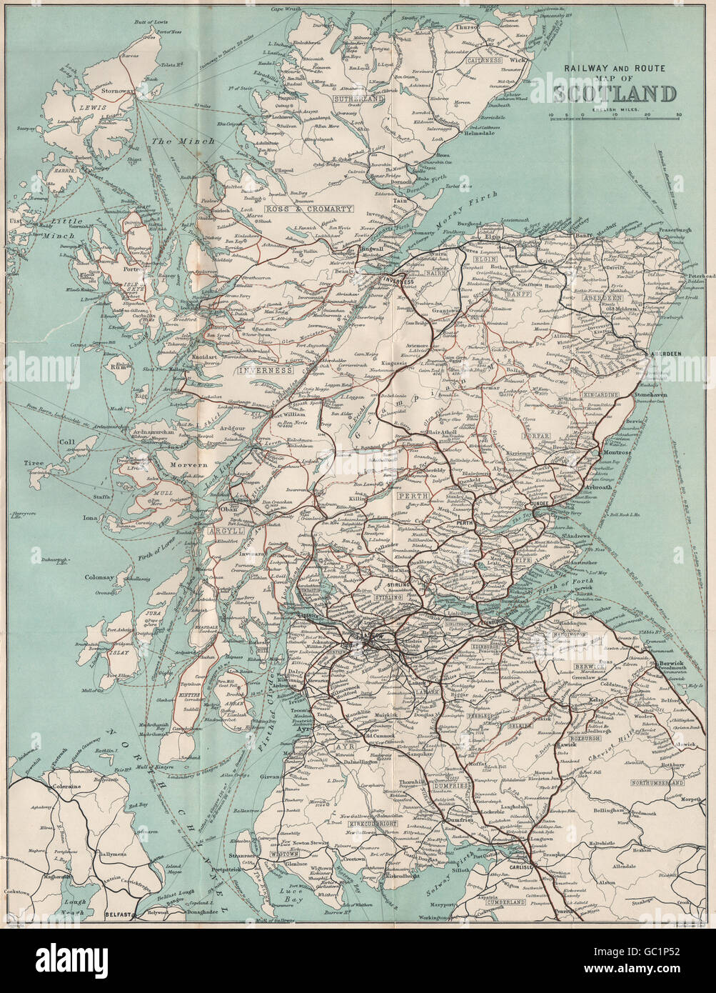 Railway and Route map of SCOTLAND. BARTHOLOMEW, 1908 Stock Photo - Alamy