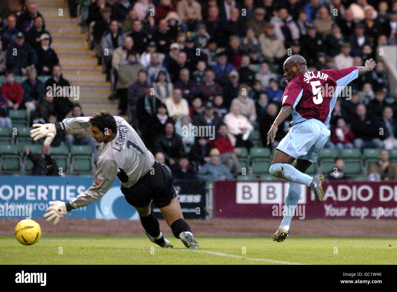 Plymouth Argyle's goalkeeper Romain Larrieu is beaten by Burnley's ...
