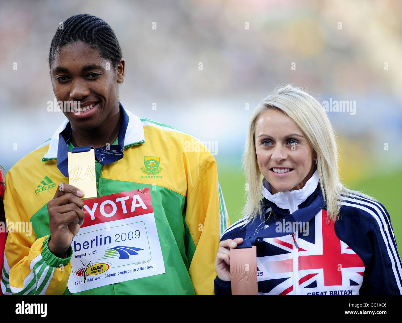 South Africa's Caster Semenya with her Gold Medal (left) and Great Britain's Jennifer Meadows ...