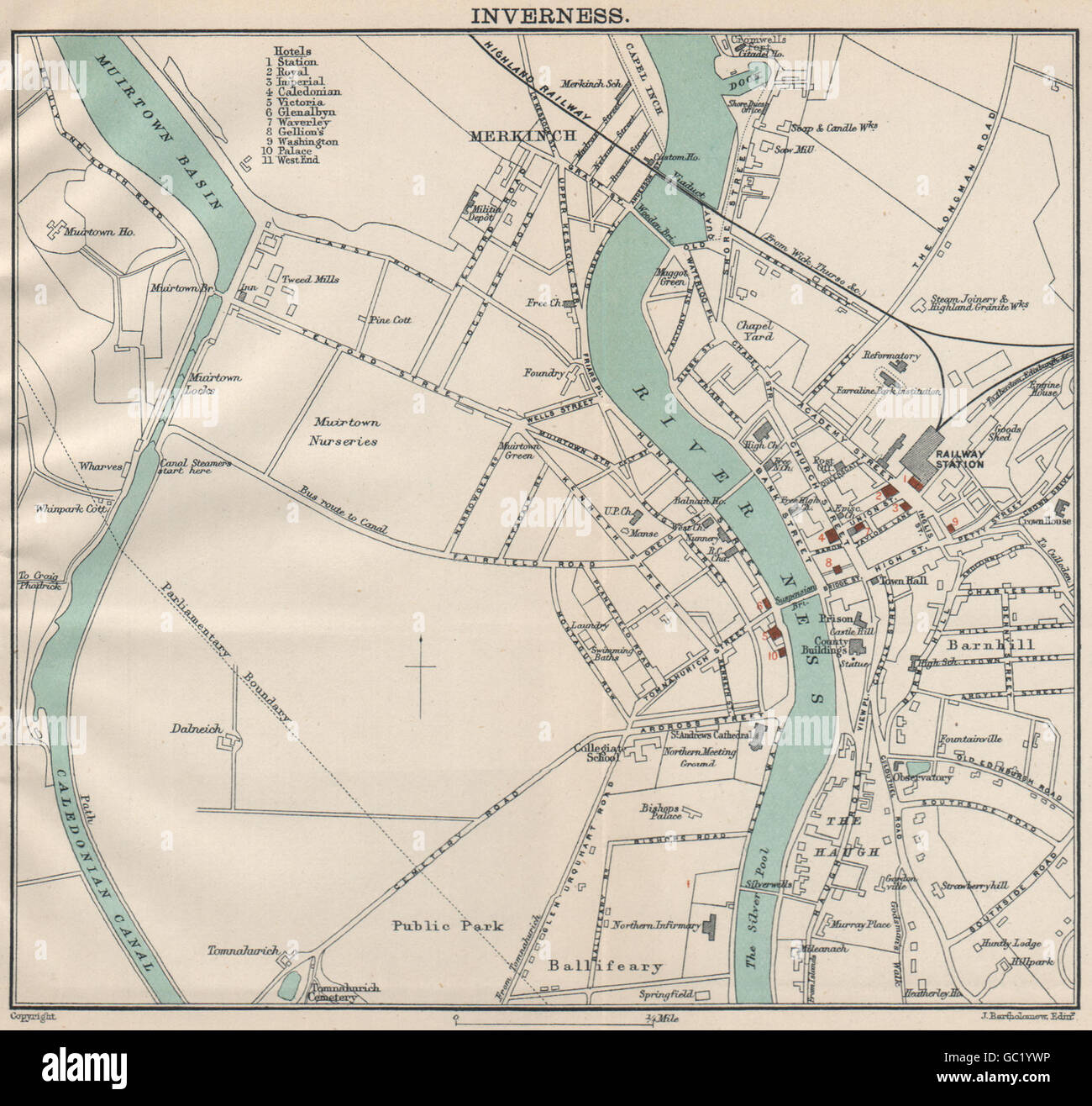 INVERNESS town/city plan. Scotland. BARTHOLOMEW, 1908 antique map Stock ...