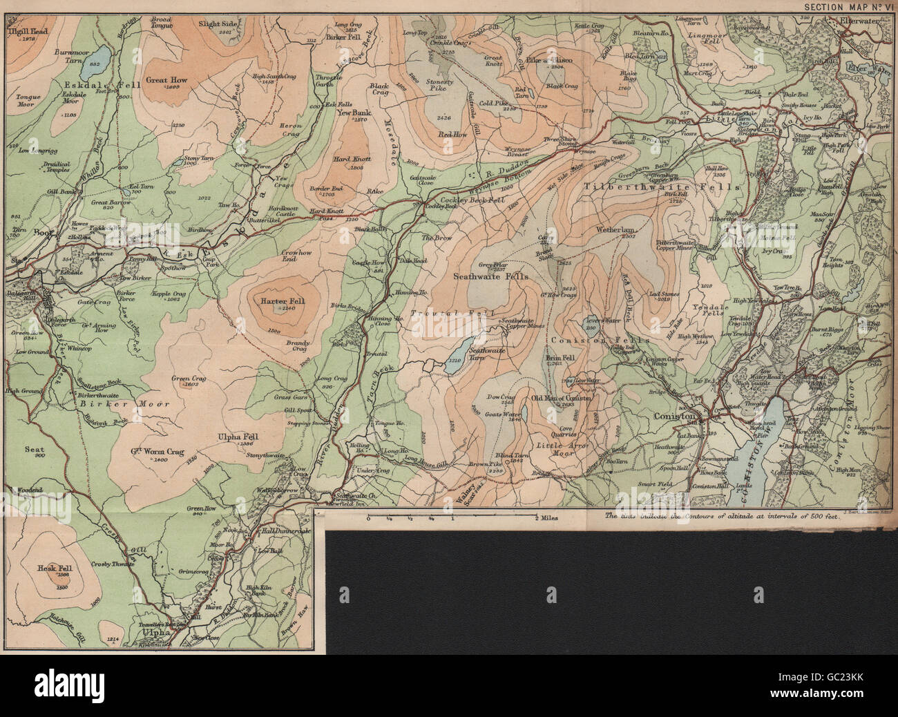 TILBERTHWAITE FELLS. Coniston Eskdale. BARTHOLOMEW, 1886 antique map ...