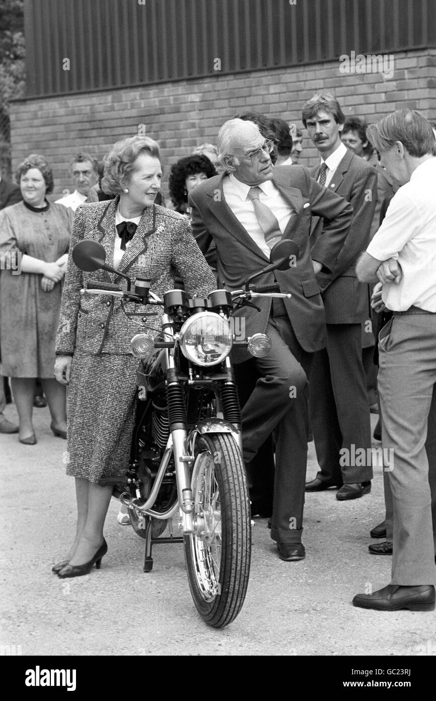 Prime Minister Margaret Thatcher and husband Denis take a look at a new ...