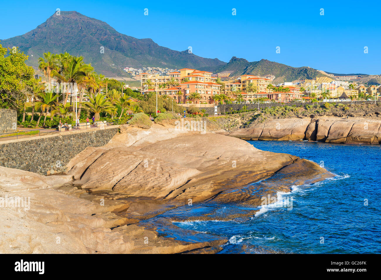 Coastal promenade in Costa Adeje holiday town, southern Tenerife, Canary Islands, Spain Stock ...