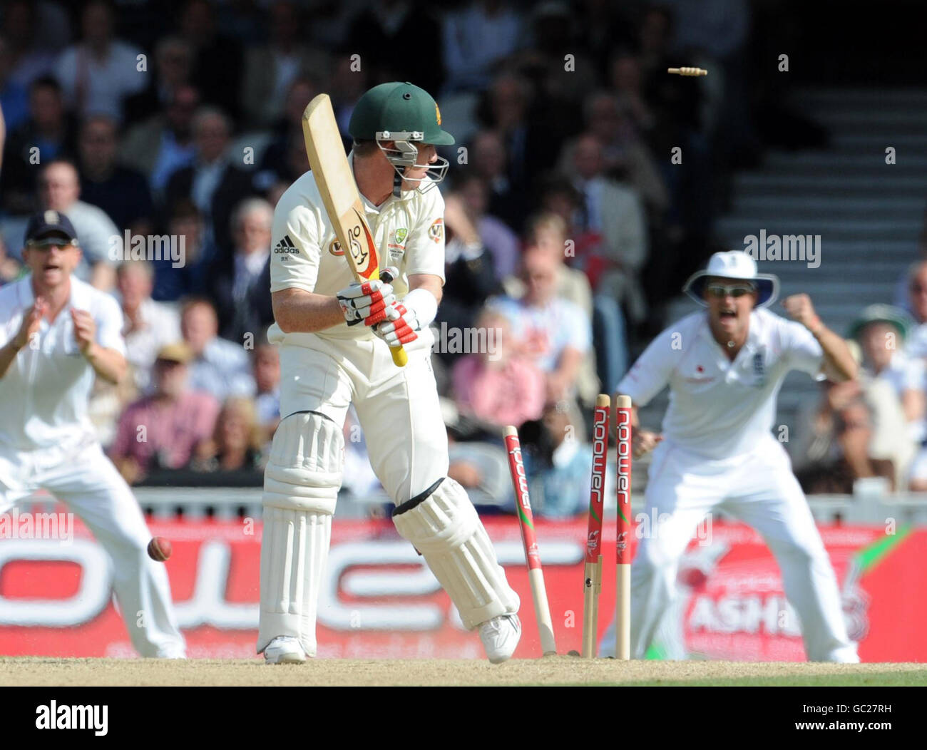 Australia's Brad Haddin is bowled out by Stuart Broad during the fifth ...
