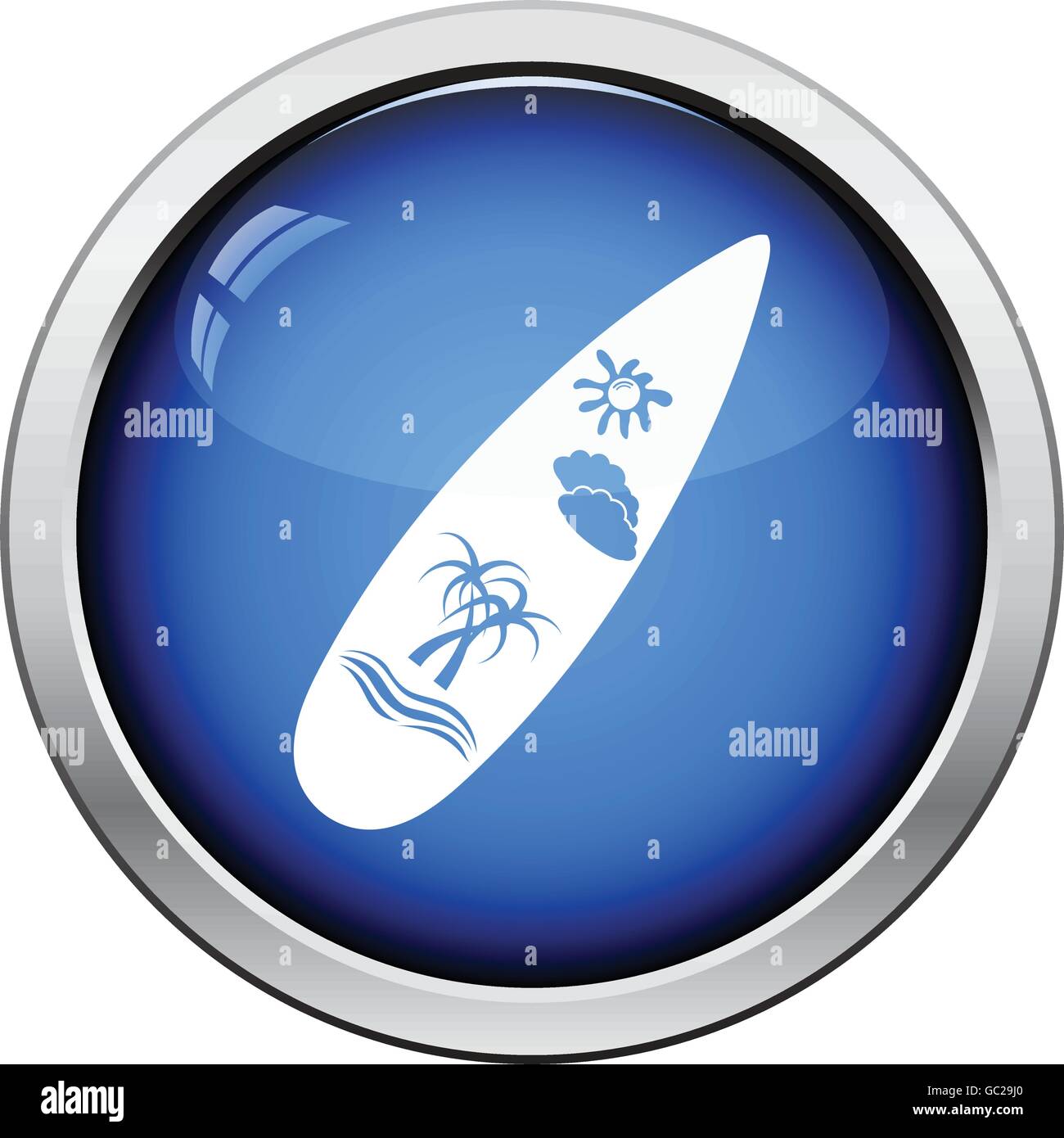 Surfboard icon. Glossy button design. Vector illustration Stock Vector ...