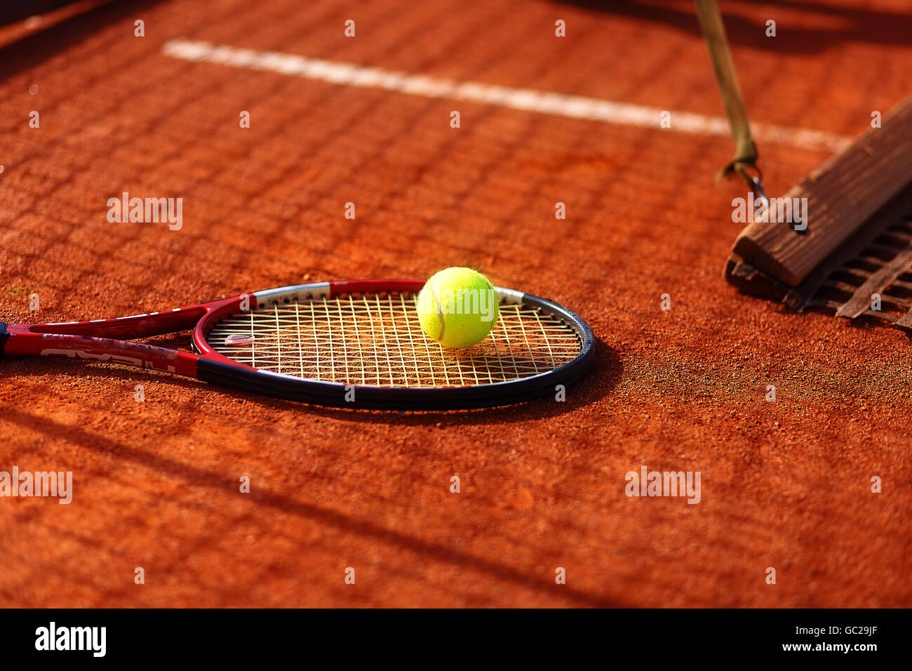 Tennis ball and racket on the court Stock Photo - Alamy