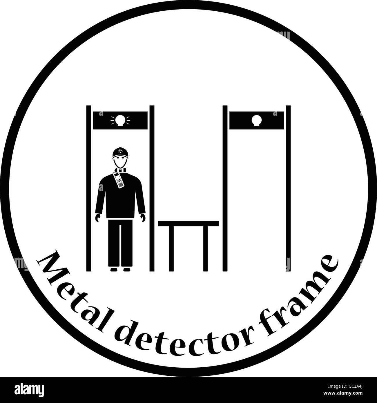 Stadium metal detector frame with inspecting fan icon. Thin circle ...