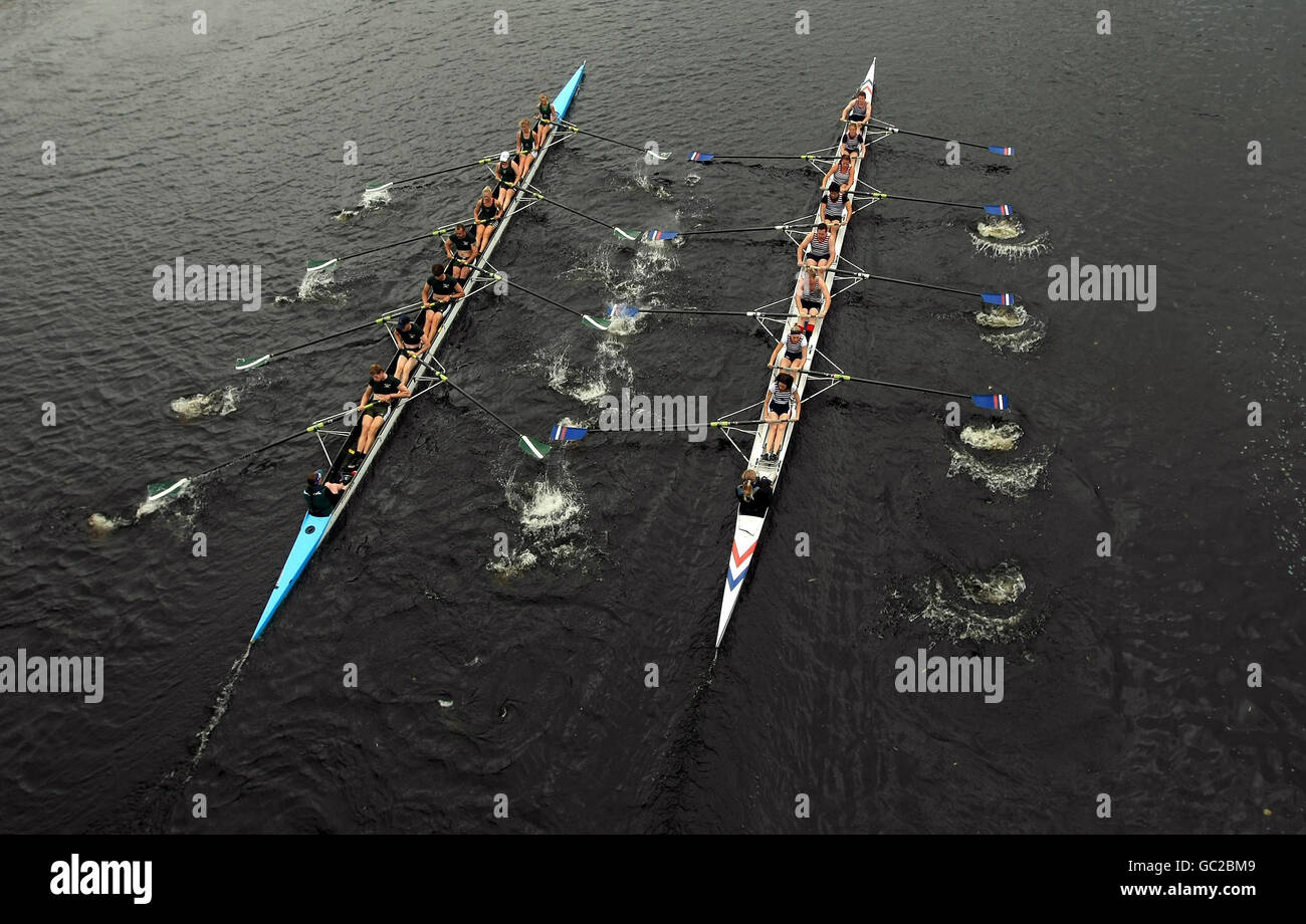 Two rowing 8s race close to each other during a heat at the Ross-on-Wye ...