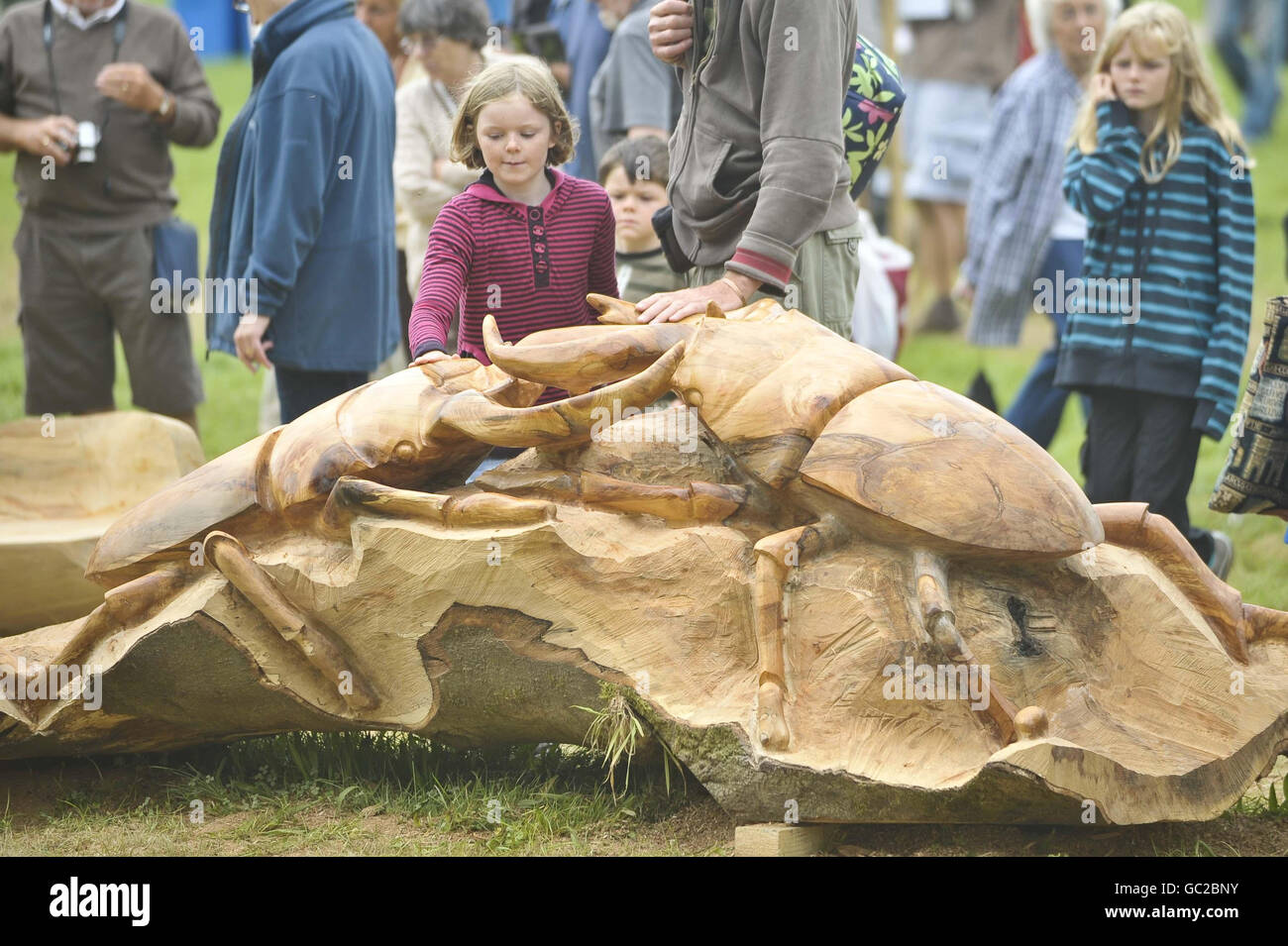 People touch a wooden carved sculpture of fighting beetles at the ...