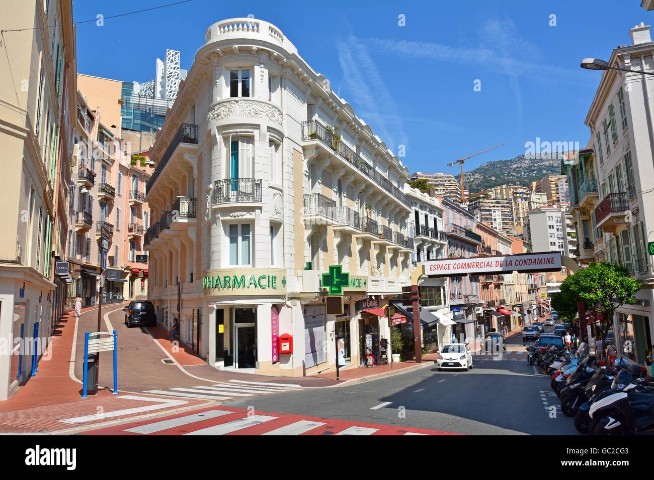 Monaco, Monaco - July 11, 2015. Street view on the intersection of Rue ...