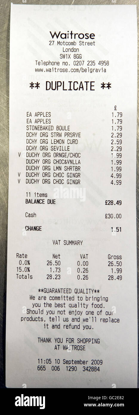 A close-up view of the receipt given to the Prince of Wales and the ...